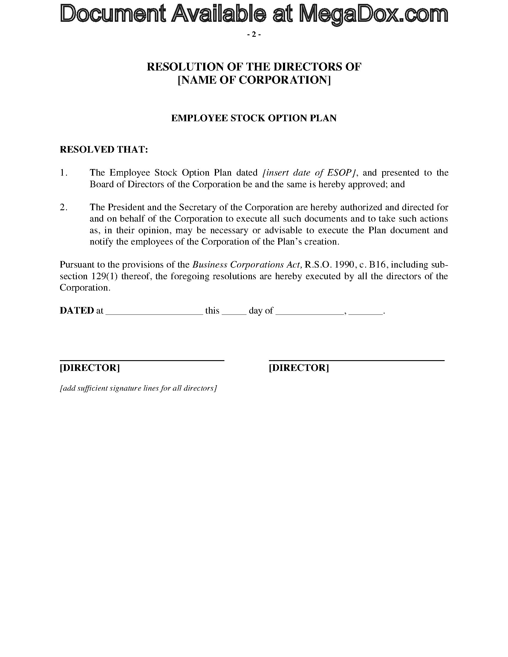 Ontario Resolutions to Set Up Employee Stock Option Plan | MegaDox.com