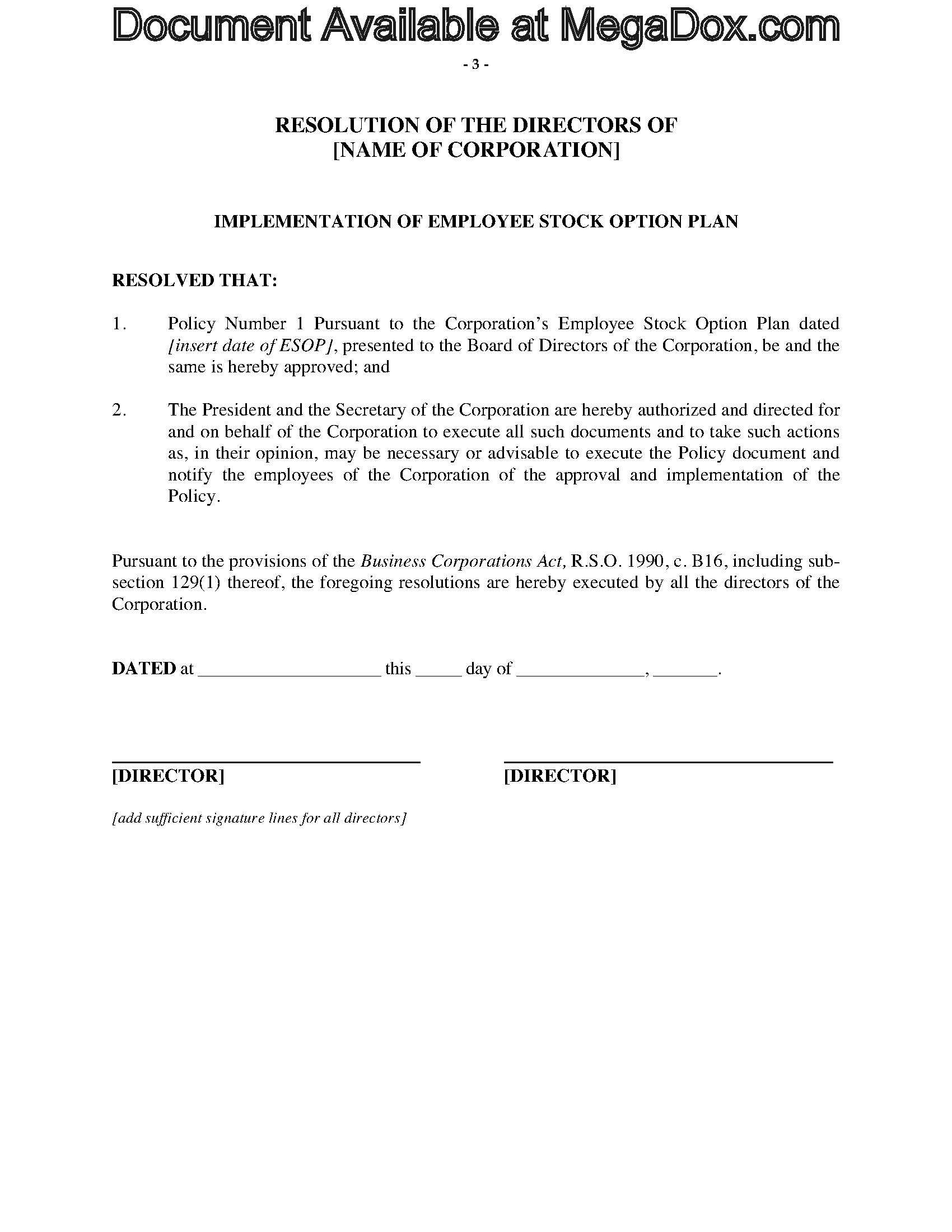 Ontario Resolutions to Set Up Employee Stock Option Plan | MegaDox.com