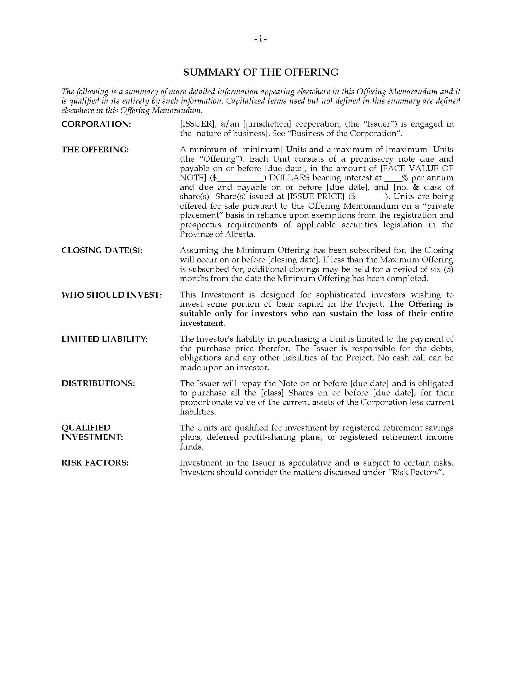 Alberta Offering Memorandum for Unsecured Promissory Notes and Common ...