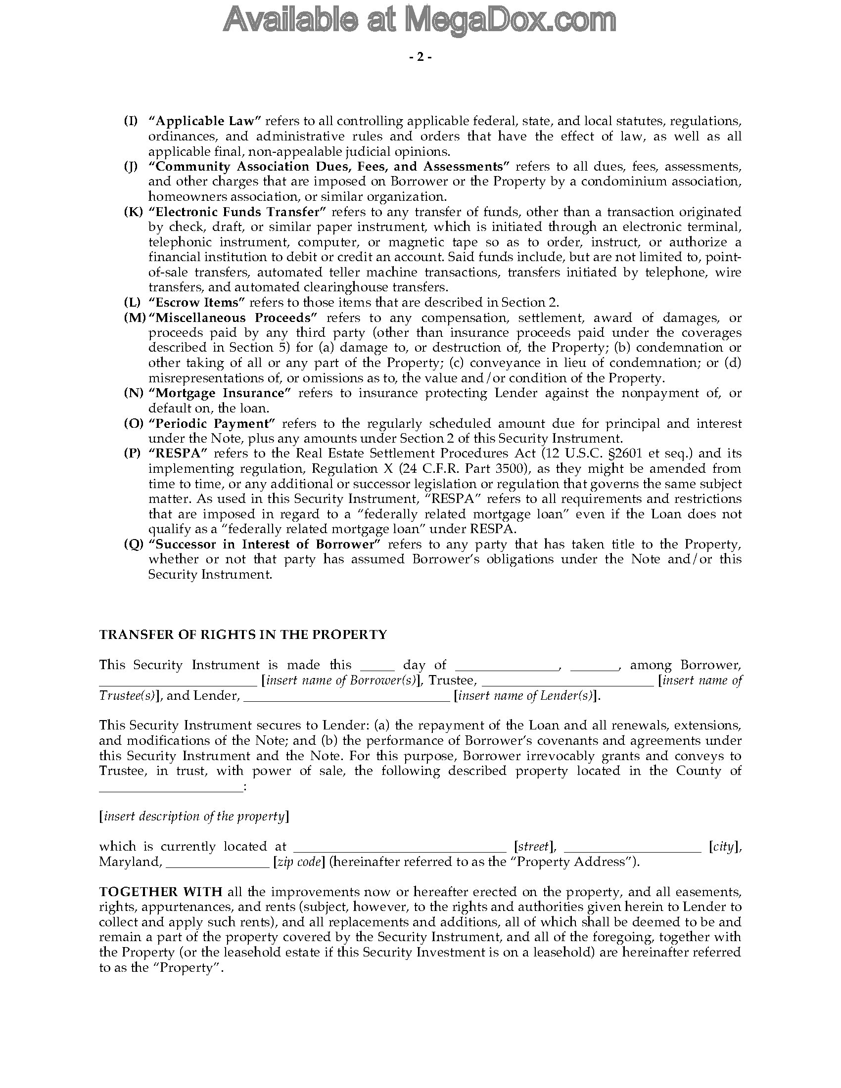 Maryland Deed of Trust | MegaDox.com