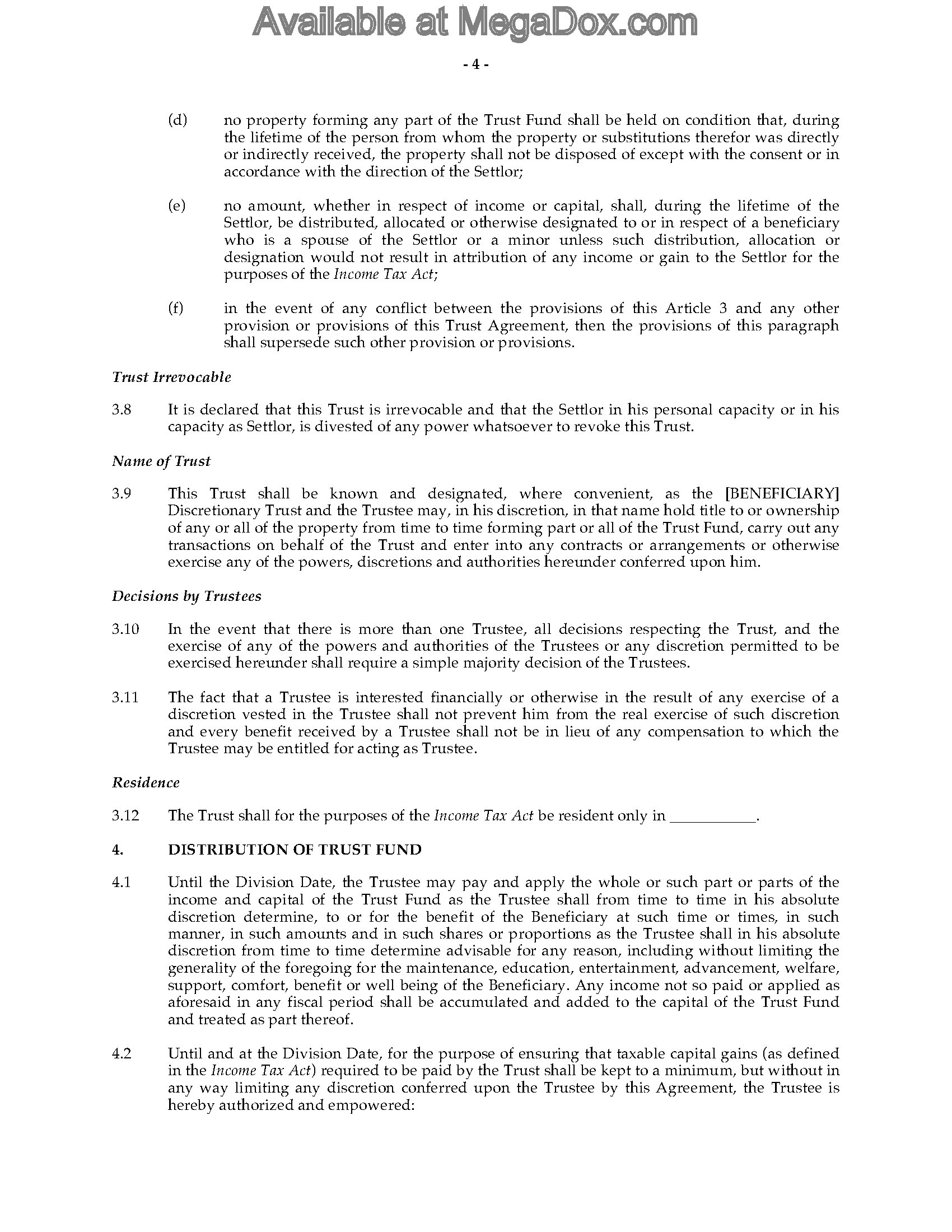 canada irrevocable discretionary trust deed | MegaDox.com