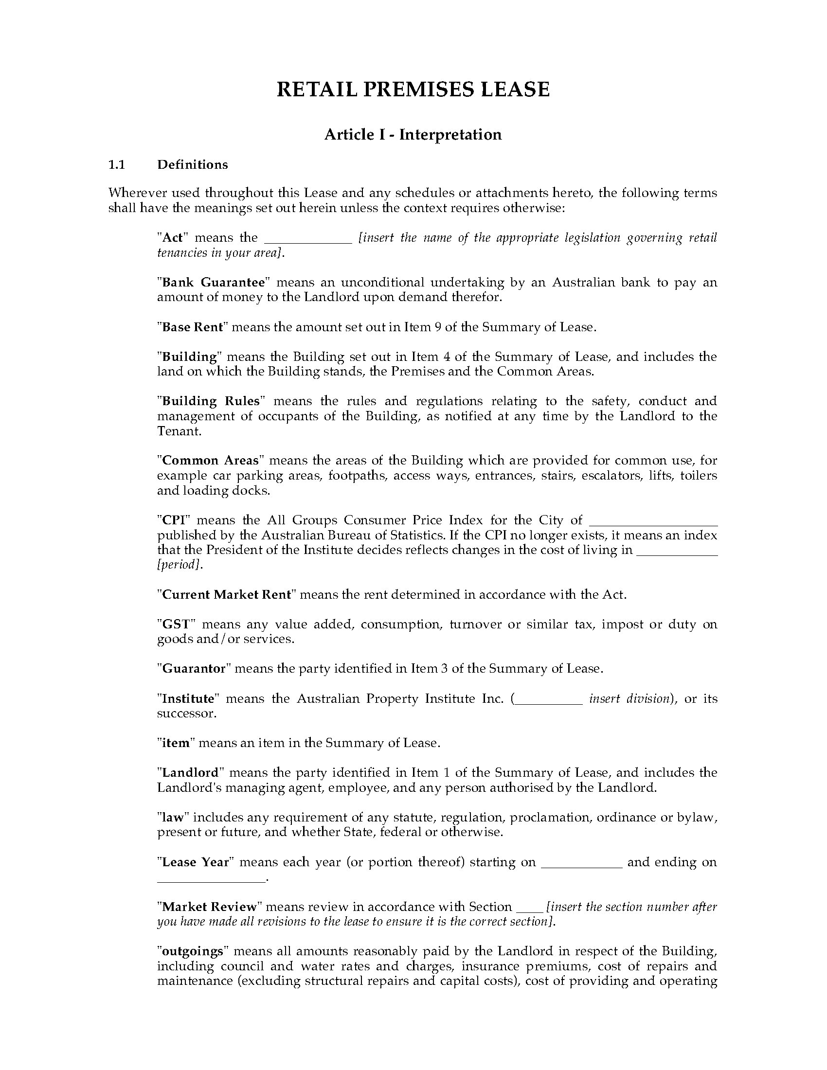 Australia Retail Premises Lease with Turnover Rent Provision | MegaDox.com