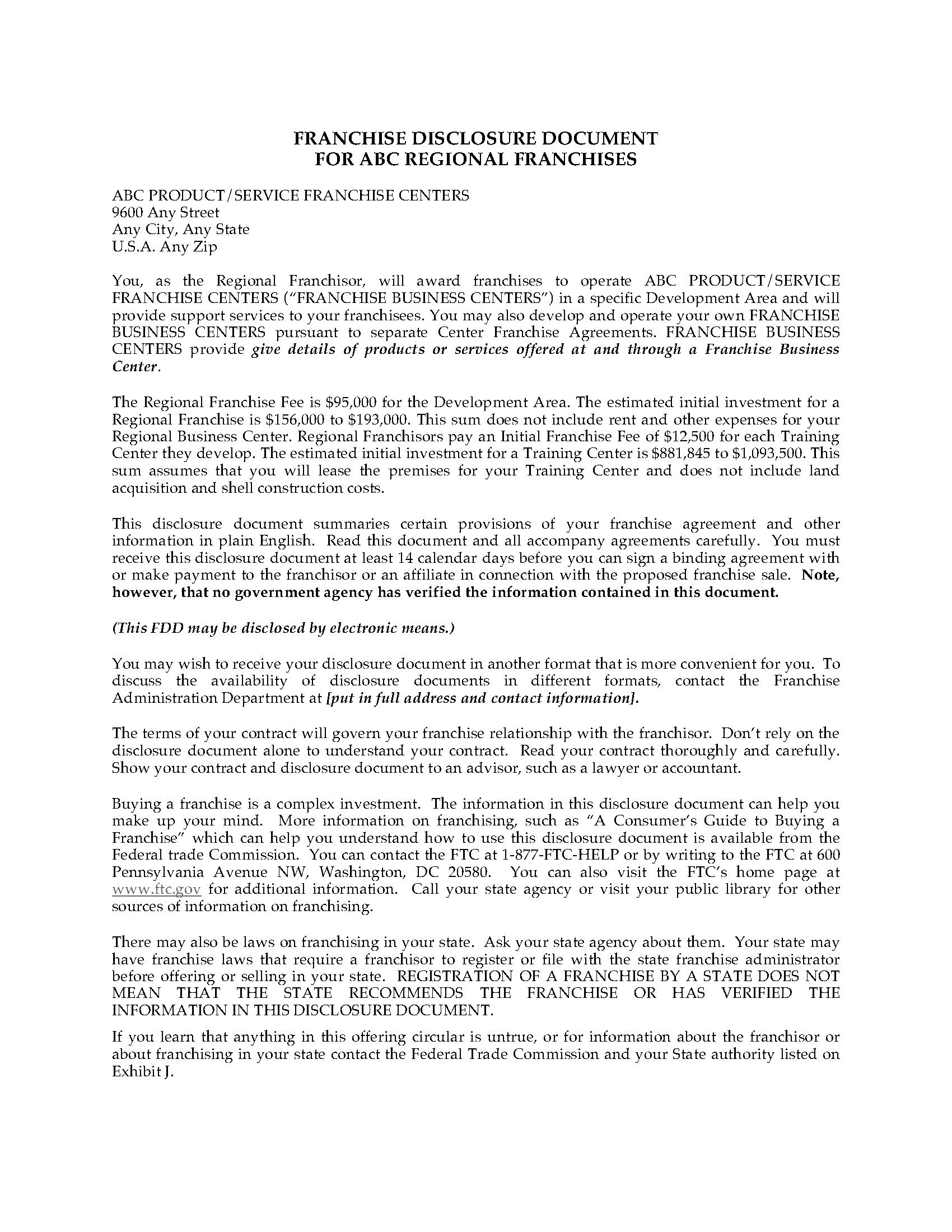 USA Franchise Disclosure Document for Regional Franchisors | MegaDox.com