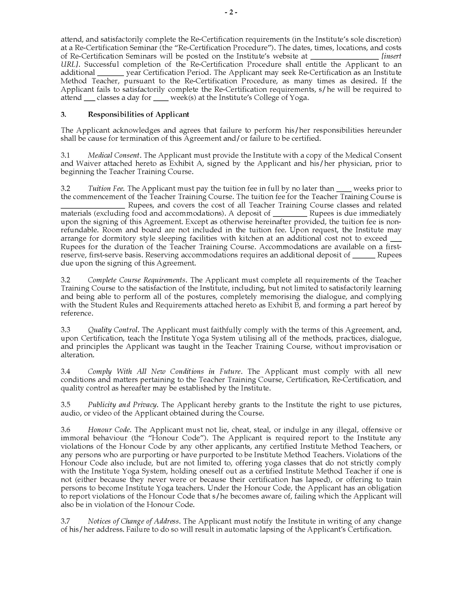 India Yoga Instructor Training Agreement | MegaDox.com