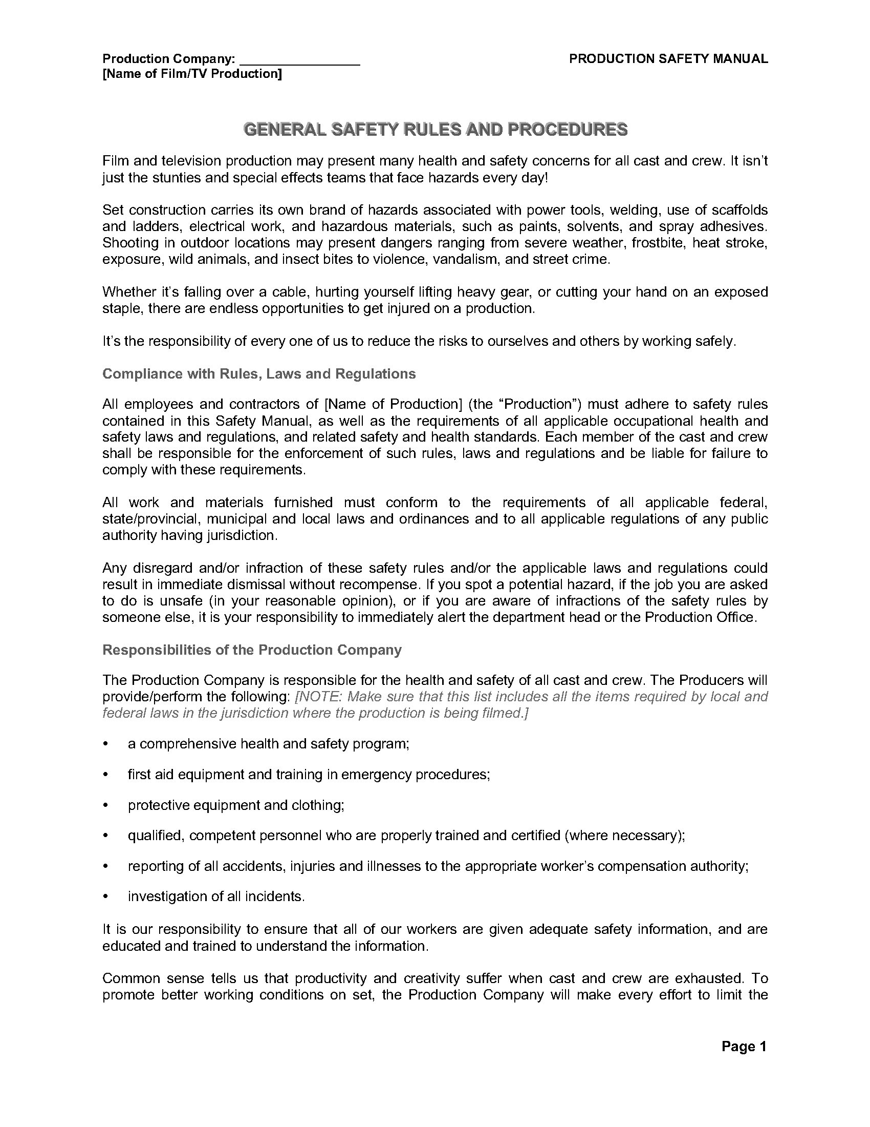 Film Production Health and Safety Manual | MegaDox.com