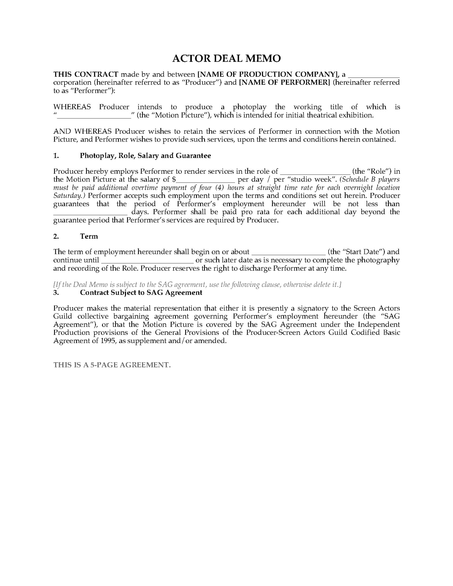 USA Actor Deal Memo | MegaDox.com