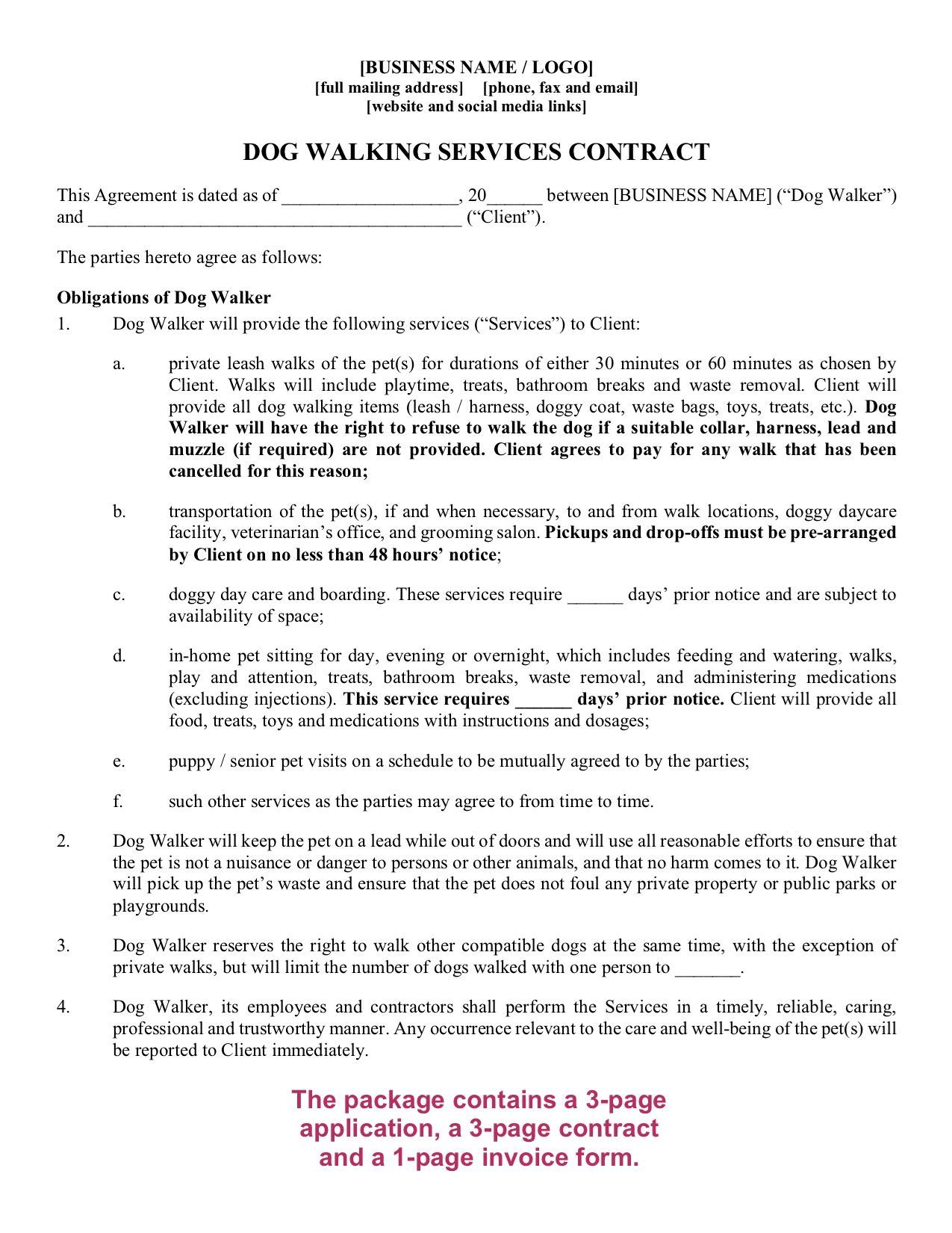 dog walker service contract forms | MegaDox.com