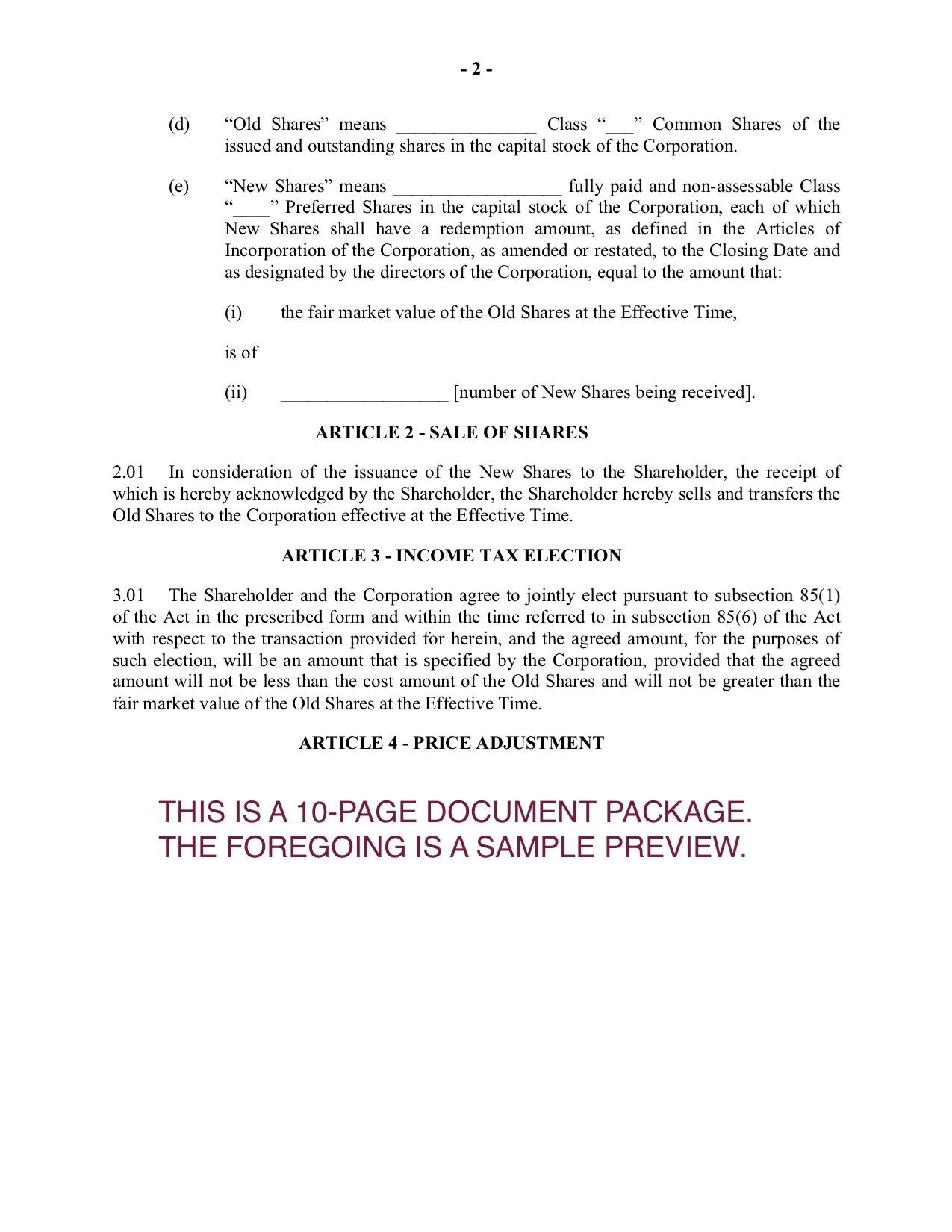 Canada section 85 rollover agreement common to preferred shares ...