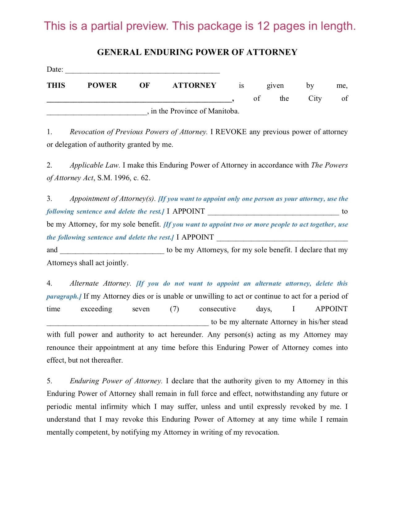 Manitoba General Enduring Power of Attorney | MegaDox.com