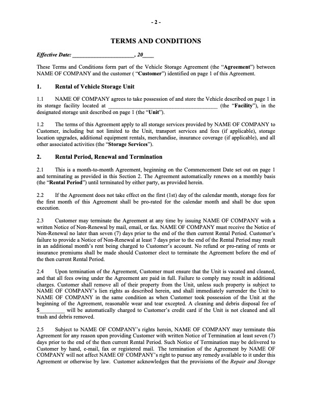 Ontario Vehicle Storage Contract | MegaDox.com