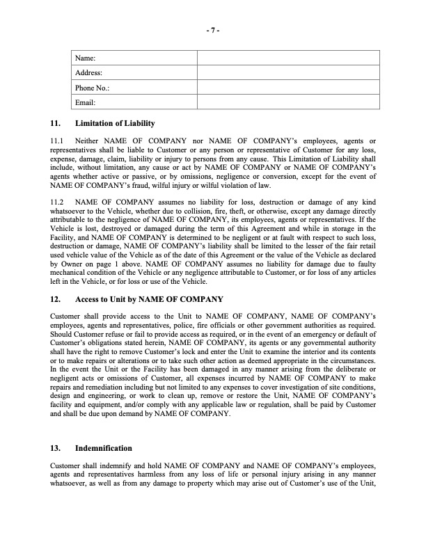 Ontario Vehicle Storage Contract | MegaDox.com